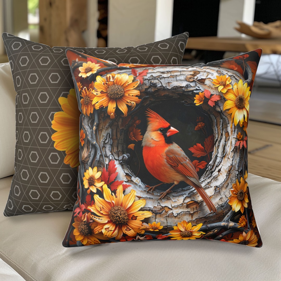 Whimsical Red Cardinal Bird Throw Pillow, Decorative Cushion Cover ...