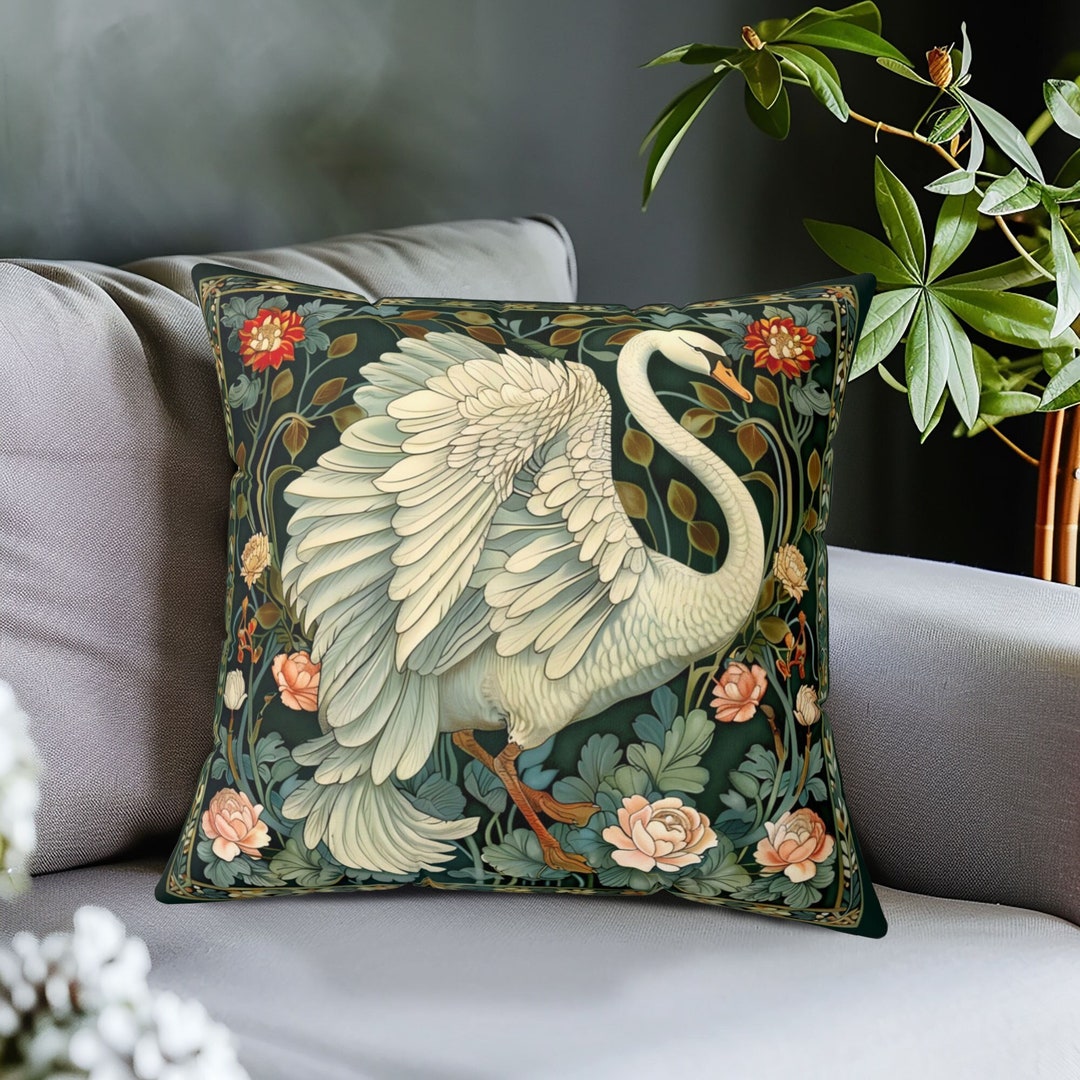 Enchanted Swan Serenade Throw Pillow, William Morris Inspired Decorative Cushion, Elegant Home ...