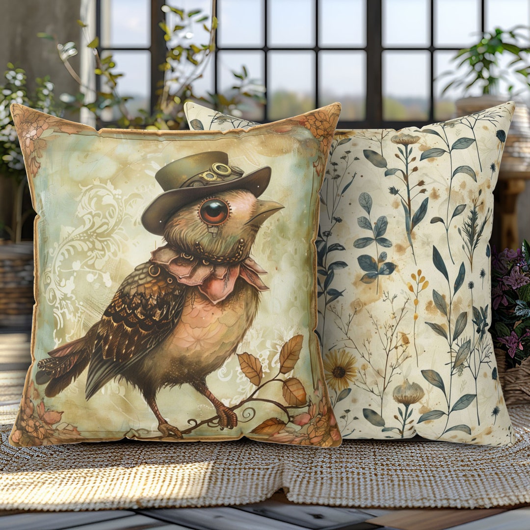 Steampunk Bird Throw Pillow Cover, Mystical Dreams, Vintage Industrial ...