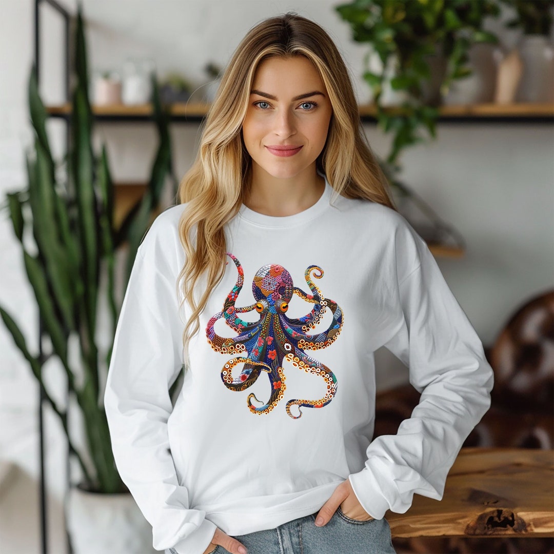 Mystical Ocean Dream Long Sleeve Tee, Colorful Octopus Marine Life ...