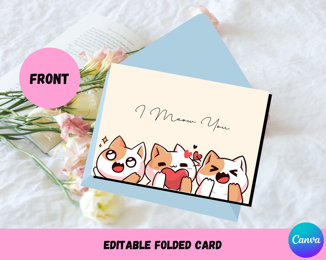 Editable Card Printable canva template, Cat card, Valentine Day card ...