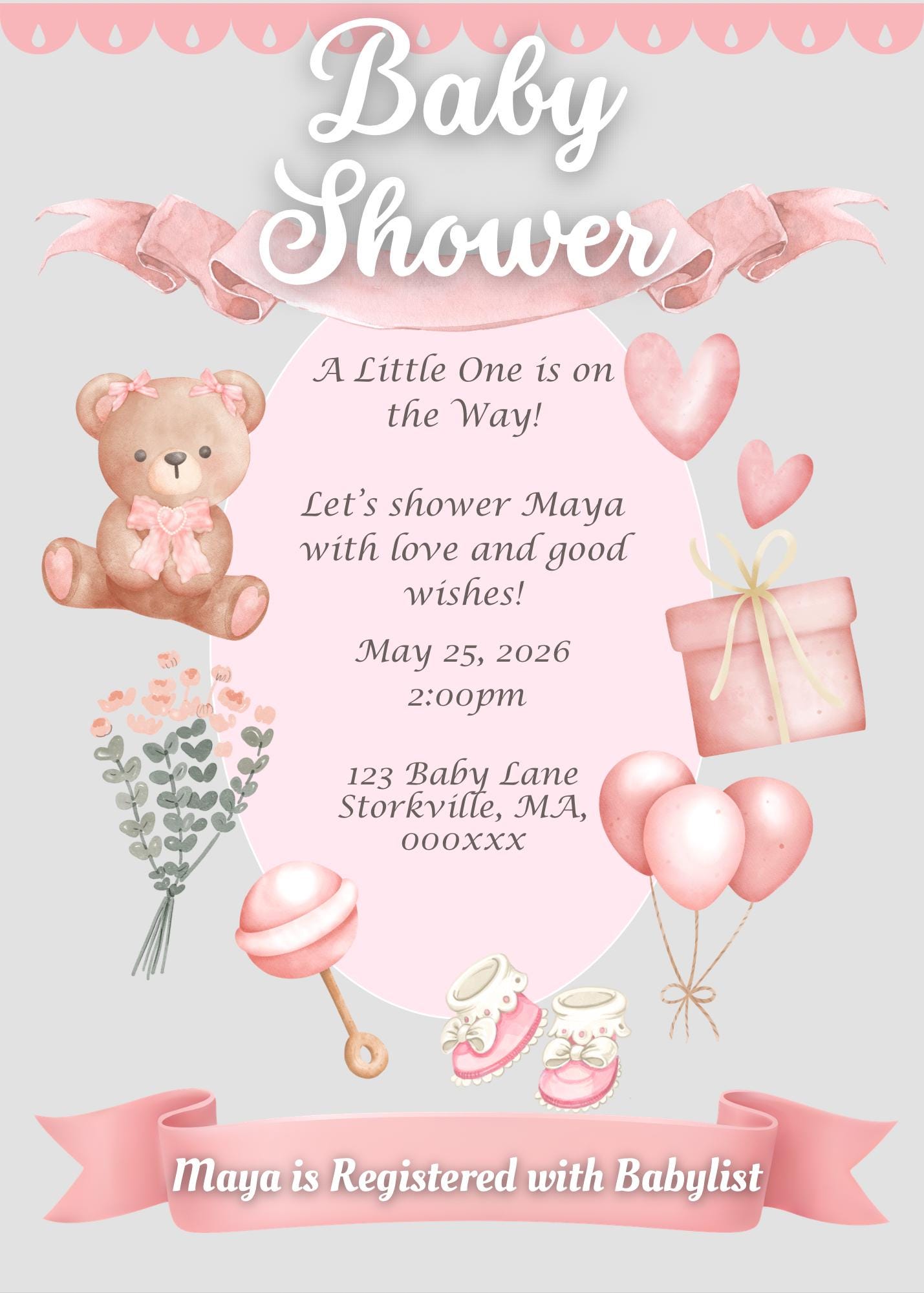 Baby Shower Printable PDF Template Pink Teddy Bear, Blush Pinks ...