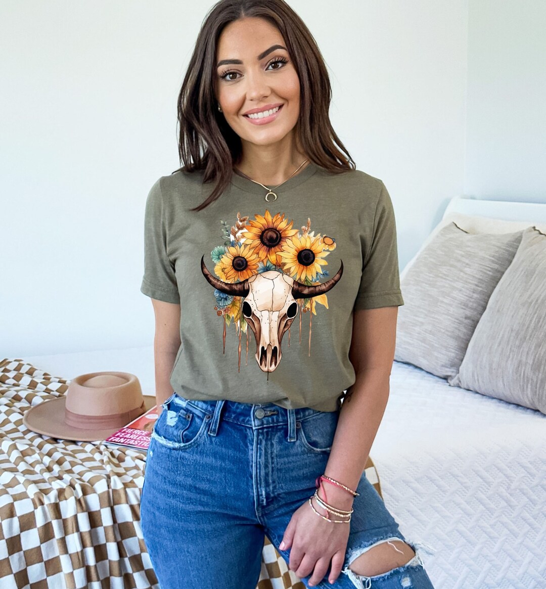 Rodeo, Floral Skull Shirt, Wild West Horns Sweater, Rodeo Shirt, Rodeo ...