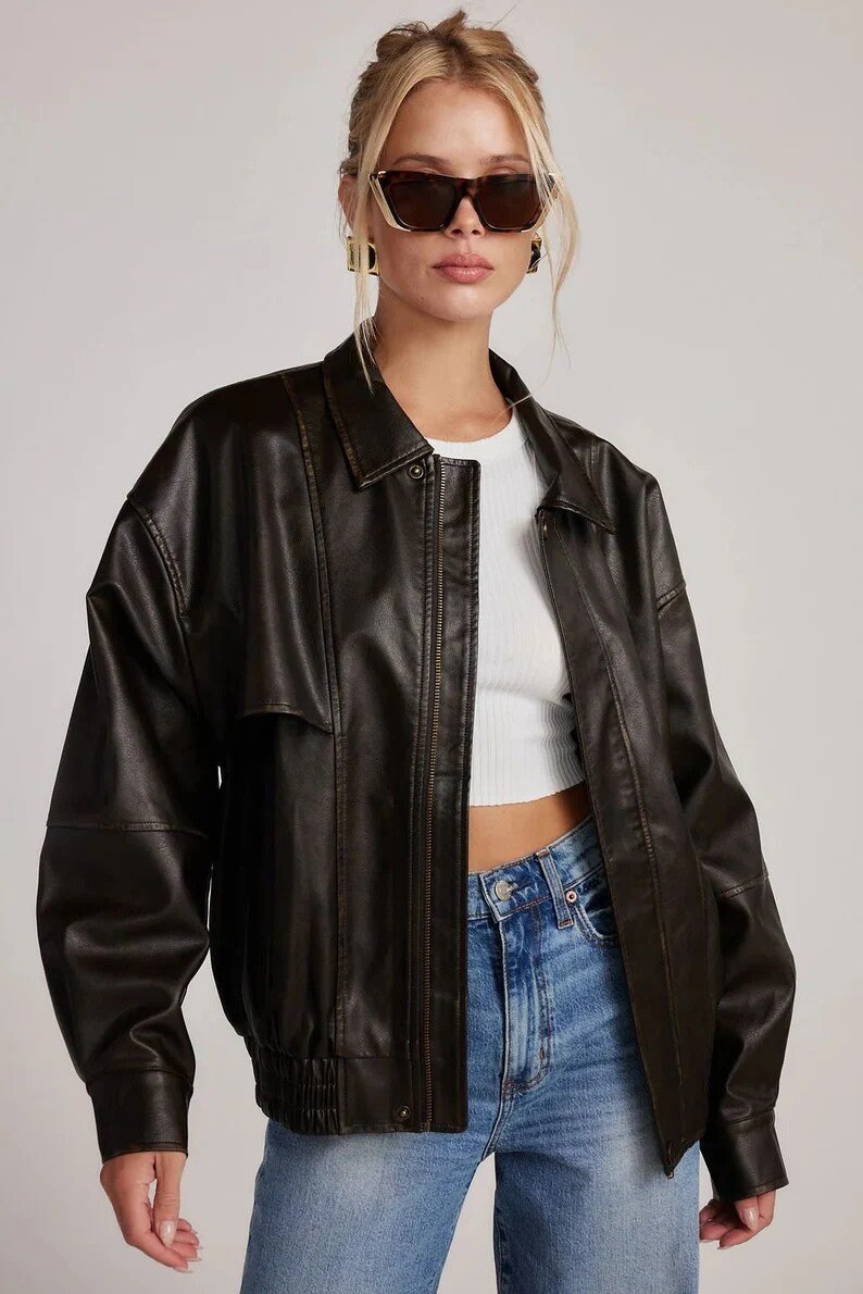 90s Retro Jacket, Vintage Leather Jacket, Oversized Leather Jacket ...