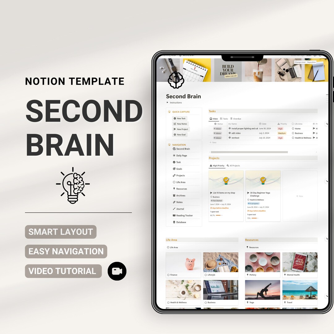 Second Brain Notion Template Life Planner All in One Productivity ...