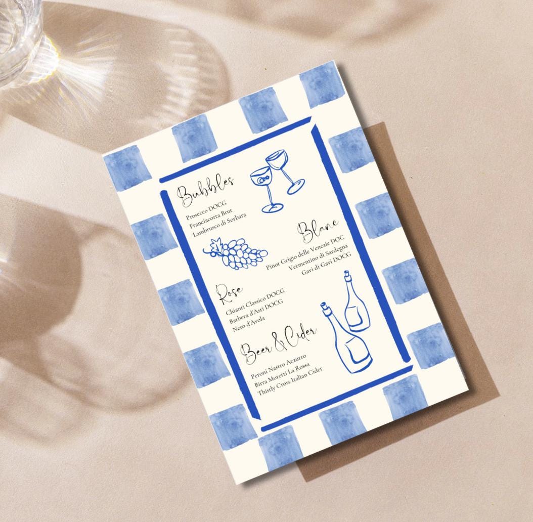 Menu, Dinner Party European Wedding, Italy, Mediterranean Vibe, Hand ...