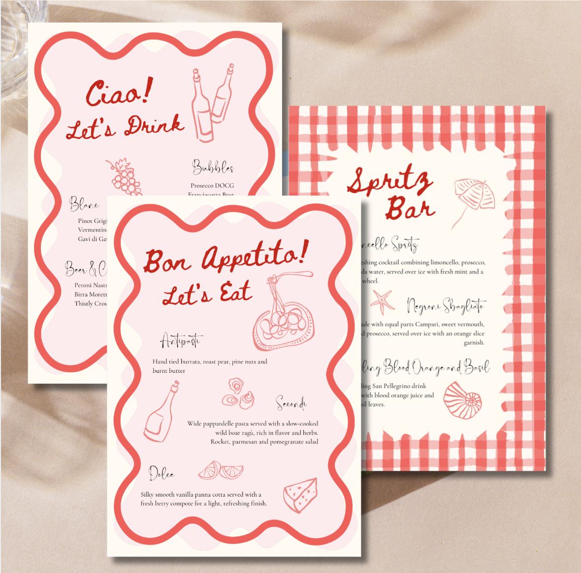 Menu, Italian Dinner Party Wedding, European, Mediterranean Vibe, Hand ...
