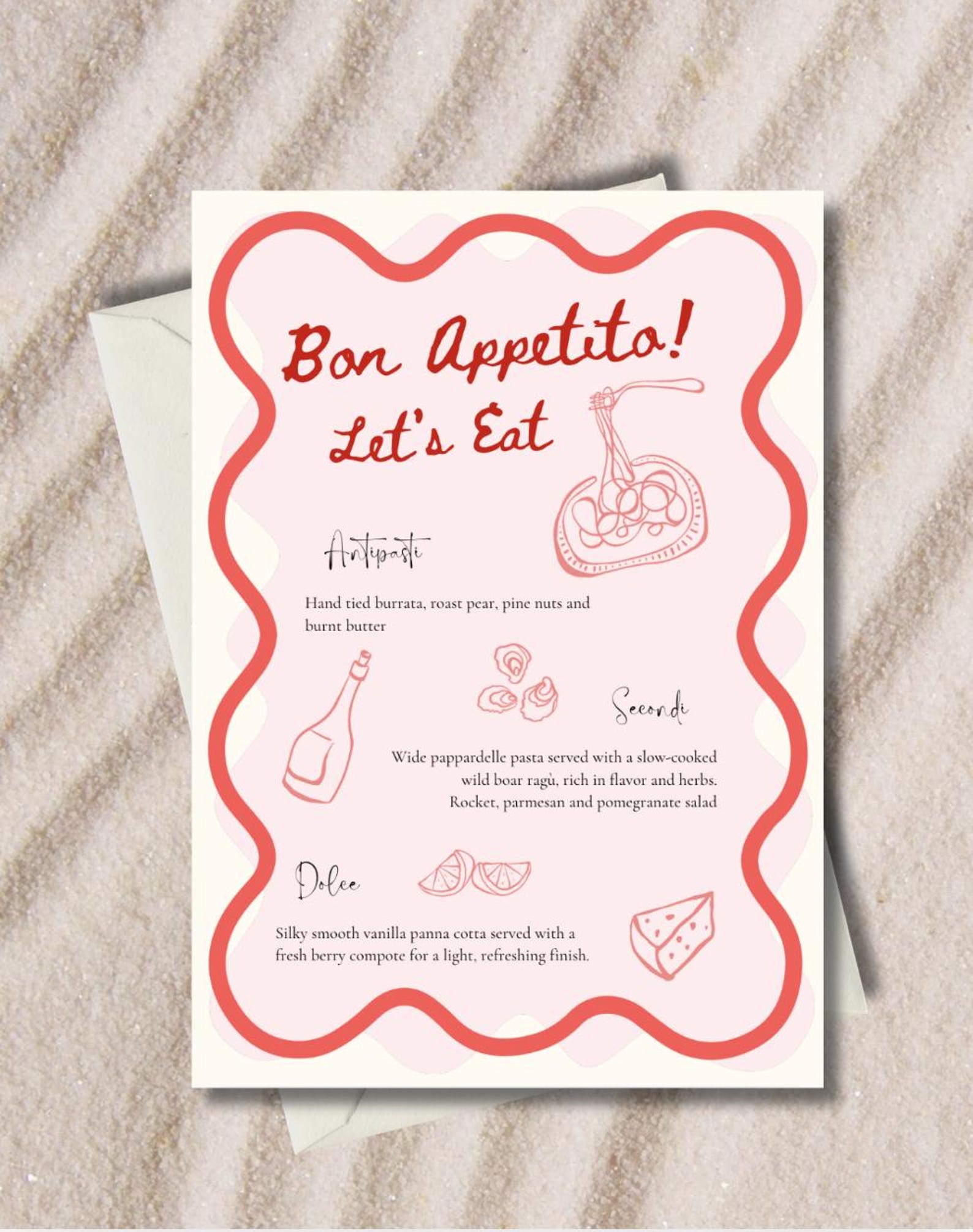 Menu, Italian Dinner Party Wedding, European, Mediterranean Vibe, Hand ...
