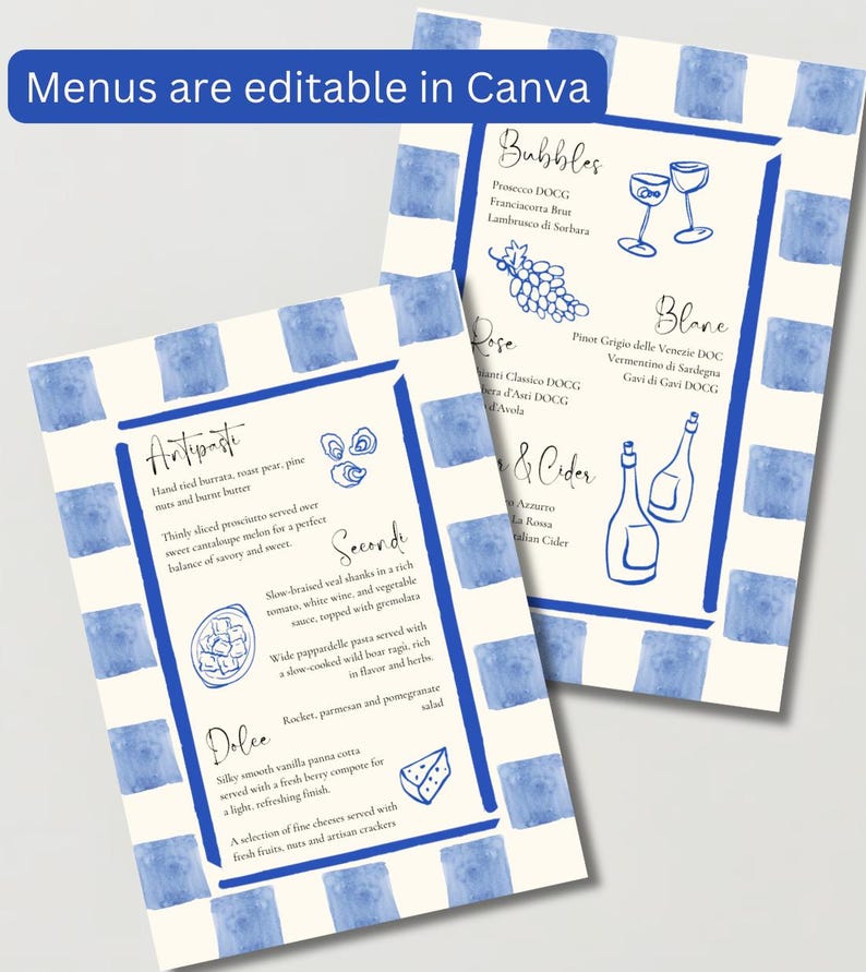 Menu, Dinner Party European Wedding, Italy, Mediterranean Vibe, Hand ...