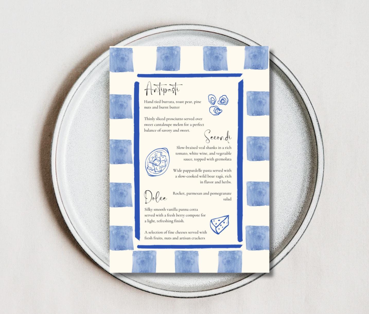 Menu, Dinner Party European Wedding, Italy, Mediterranean Vibe, Hand ...