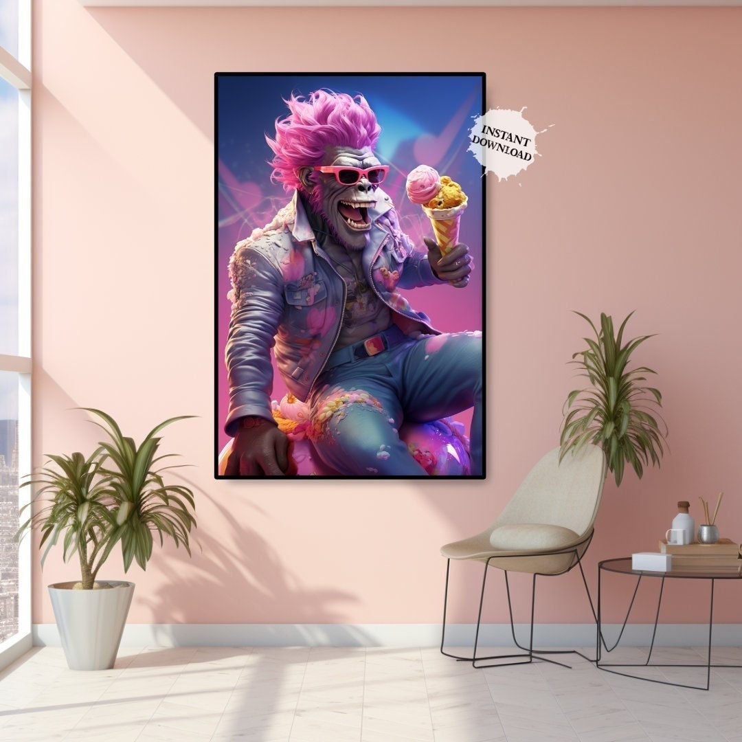Ape Enjoying Ice Cream, Printable Wall Art for DIY Home Decor, Digital ...
