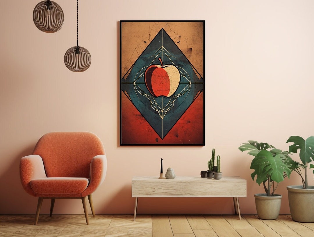 Sacred Geometry Apple Drawing, Vintage Minimalistic Art, Retro Fruit ...