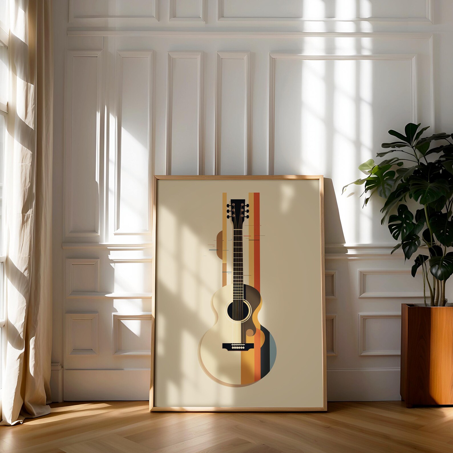 Abstract Guitar Wall Art Print, Retro Modern Boho Music Room Decor, Mid ...