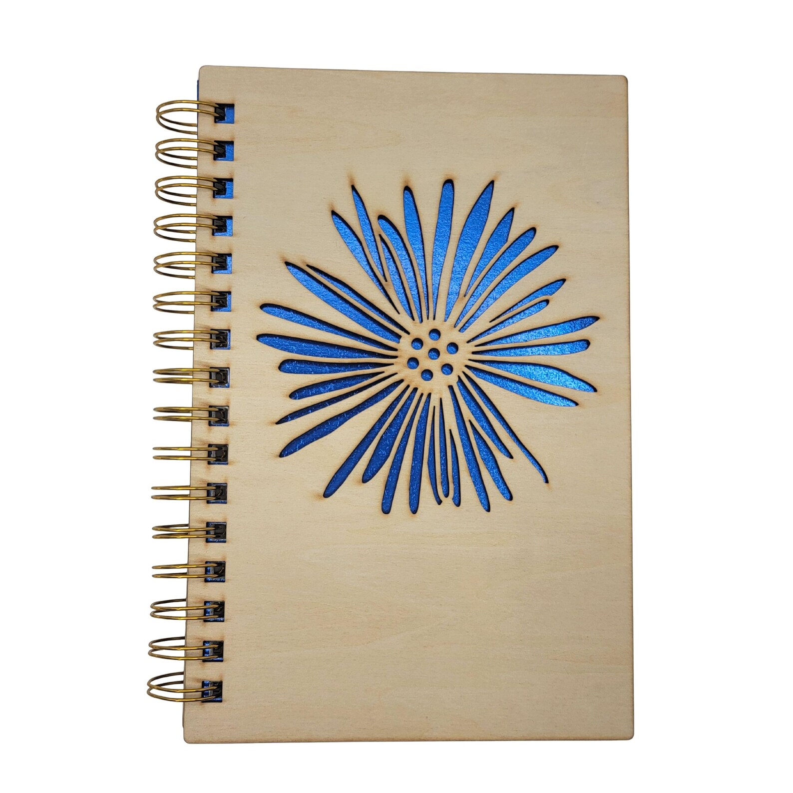 Laser Cut Wooden Spiral Notebook Blue Floral Burst Design Handmade Wood ...