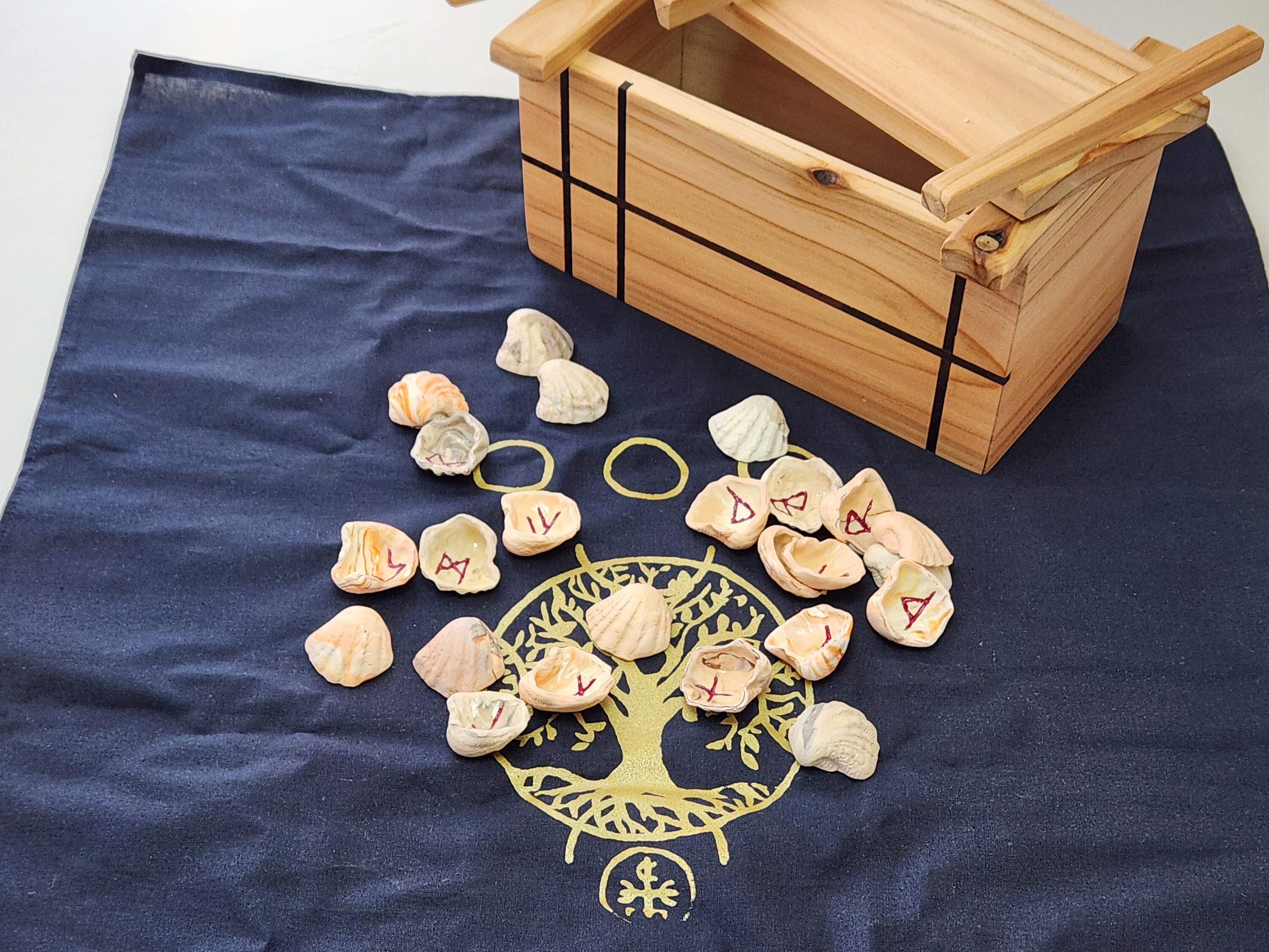 Japanese Toolbox Style With Runes Symbols Carved and Painted on Shells ...