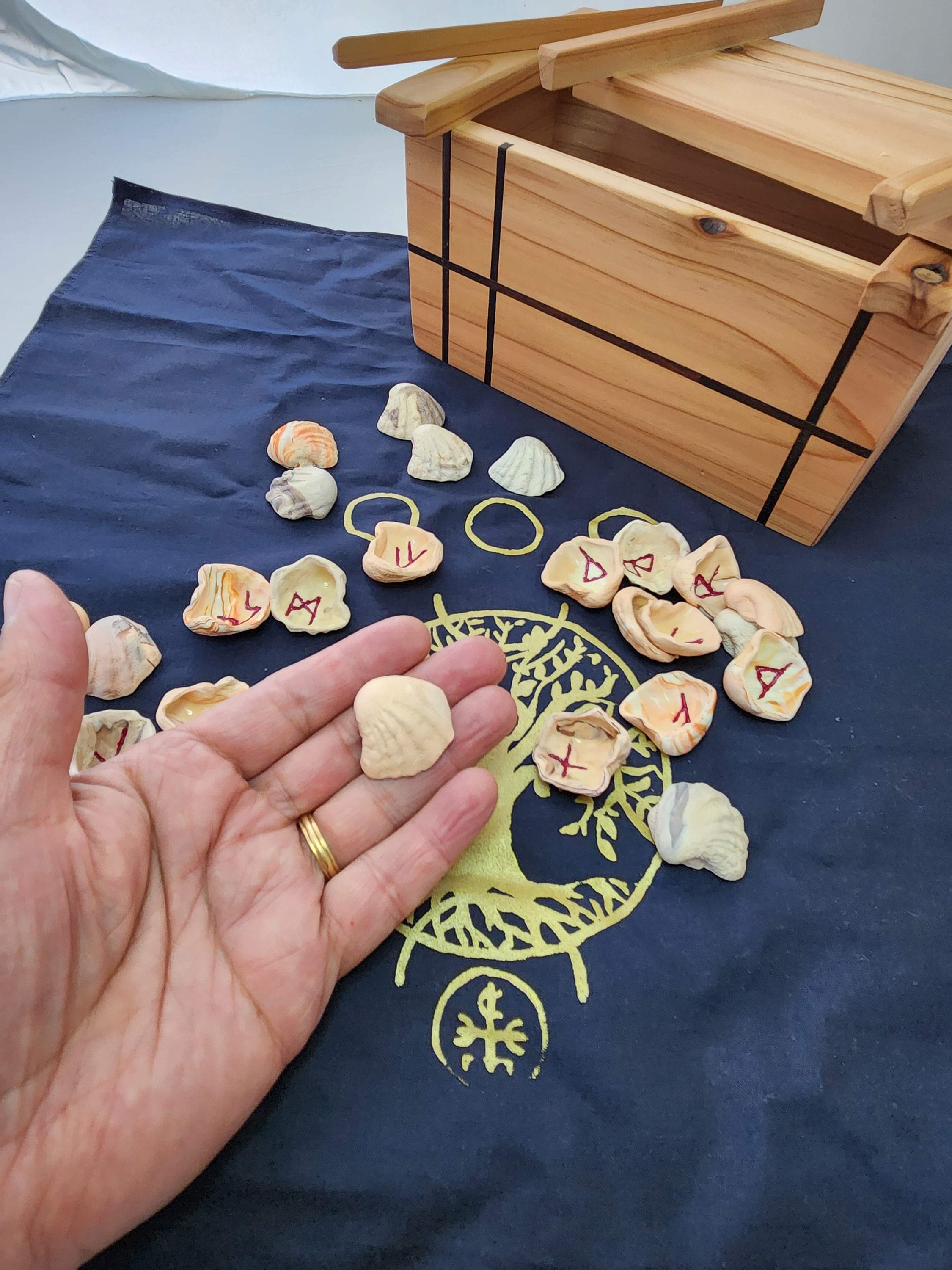 Japanese Toolbox Style With Runes Symbols Carved and Painted on Shells ...