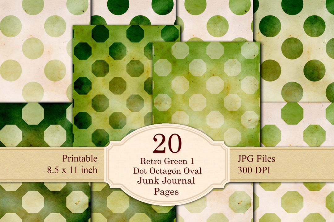 Retro Green 1 Dot Octagon Oval Journal Pages Junk Journal Kit for ...