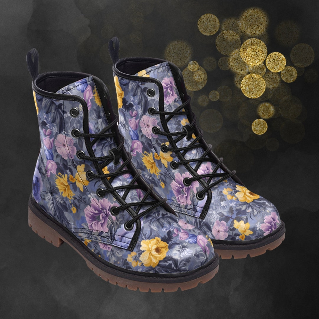 Purple Vintage Flowers Leather Boots, Floral Painted Shoes for Spring ...