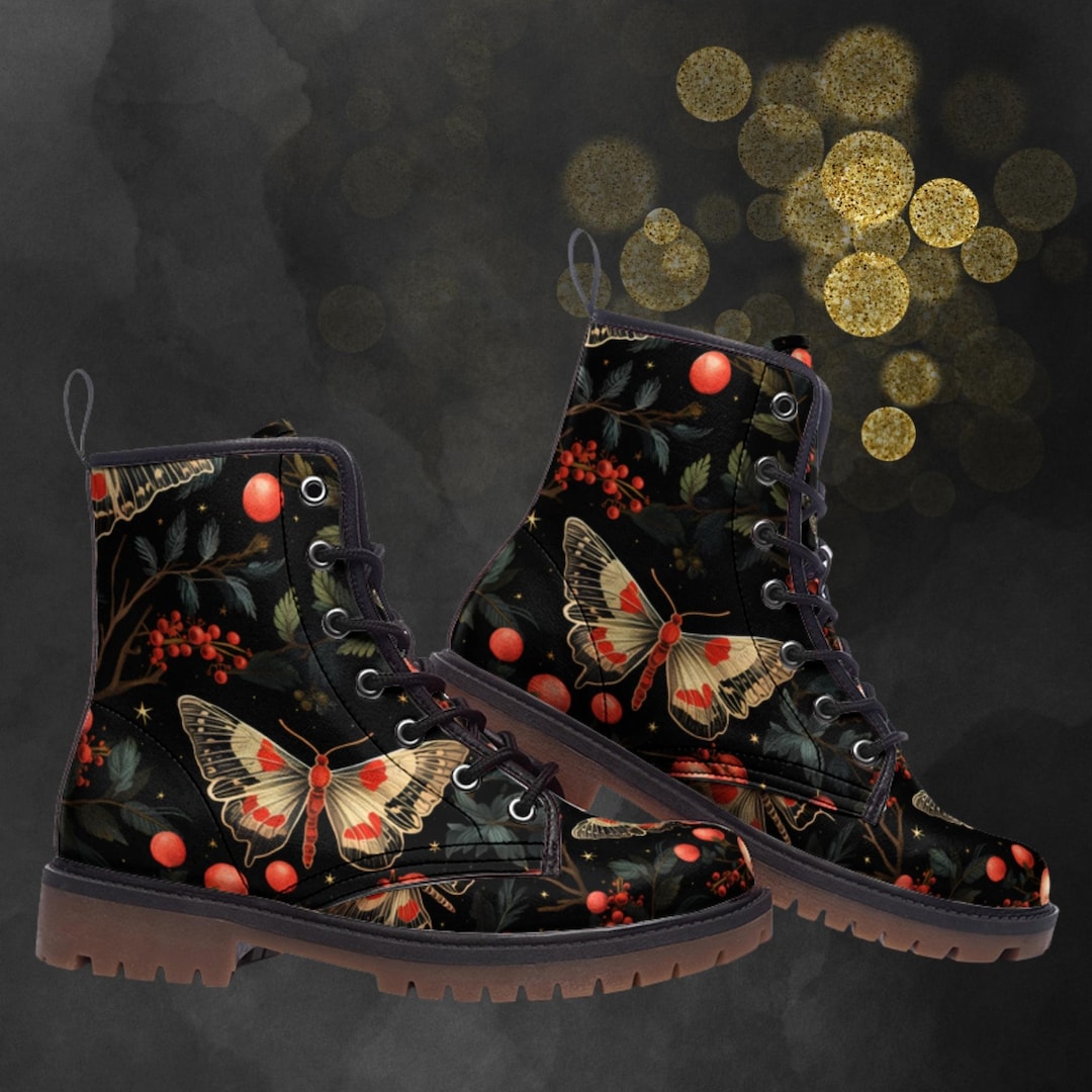 Moth & Cranberries Combat Boots, Unisex Forest Witch Painted Shoes ...