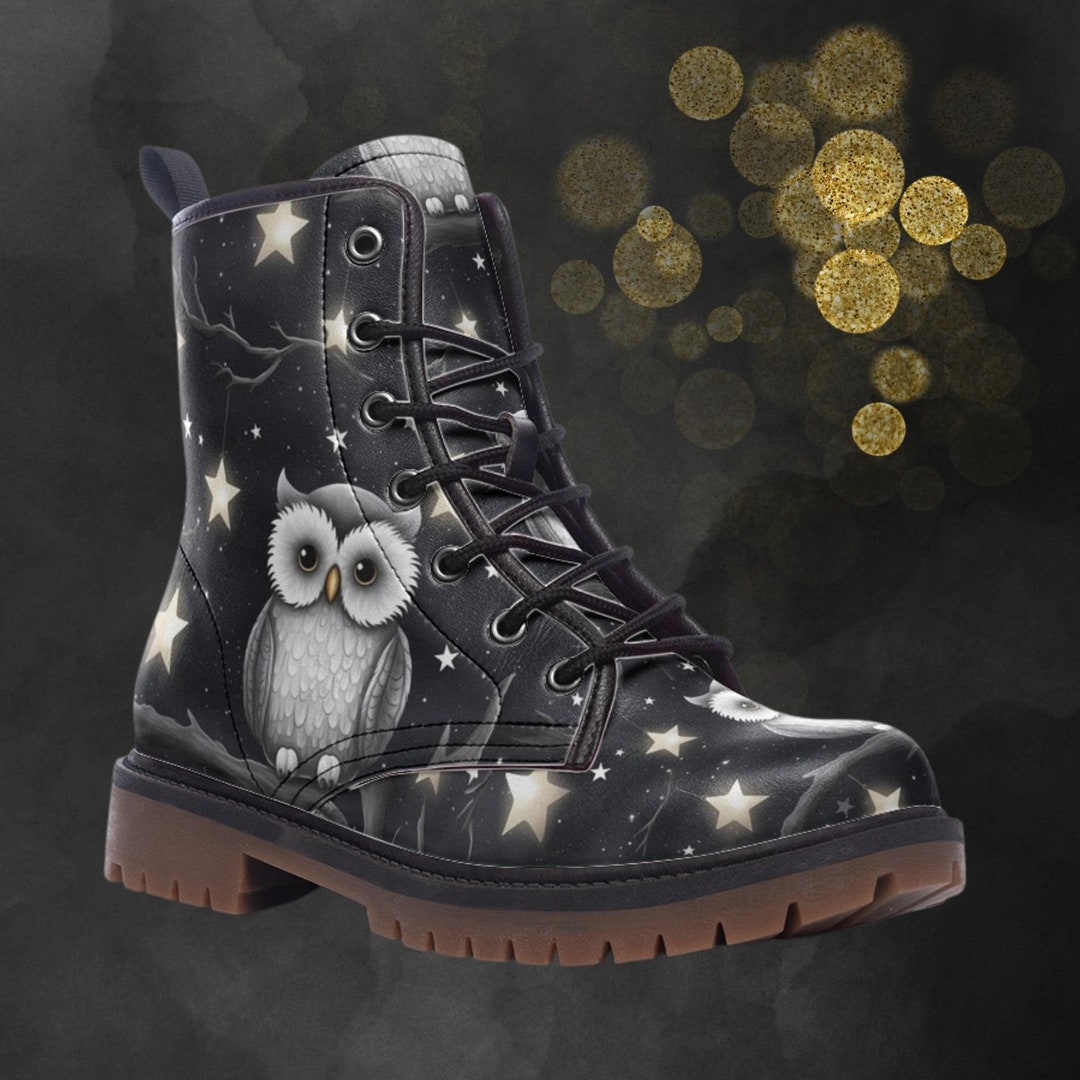 Gothic Emo Owl Combat Boots, Unisex Night Stars Painted Shoes, Witchy ...