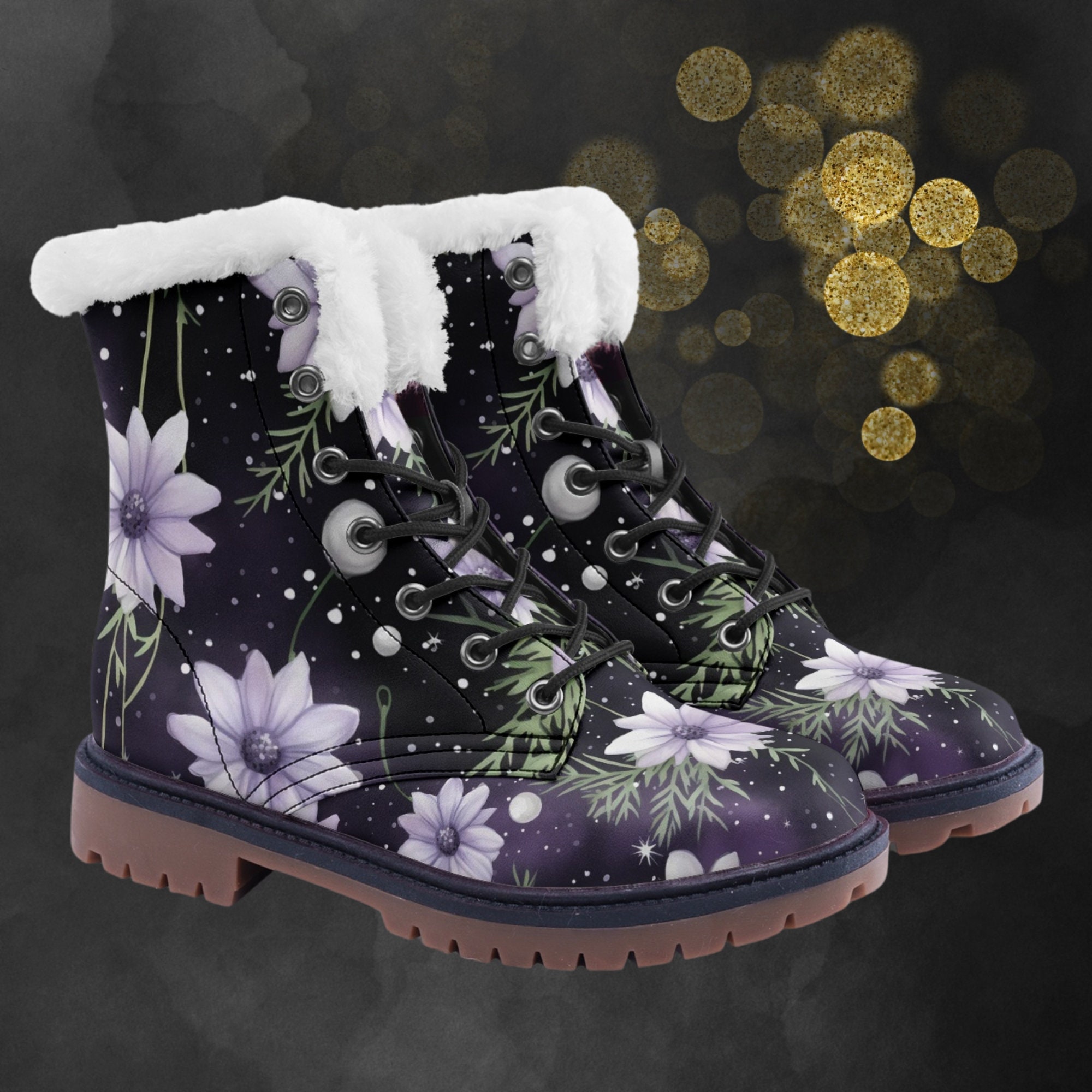 Floral Purple Unisex Lace up Winter Boots, Fashion Comfort Chukka Boots ...