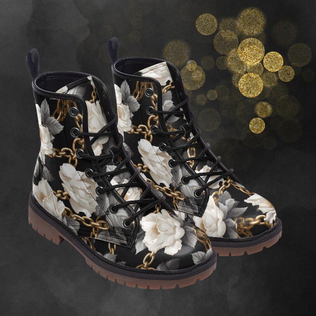 Gold Chain Roses Boots, Floral Flower Painted Light Leather Shoes ...
