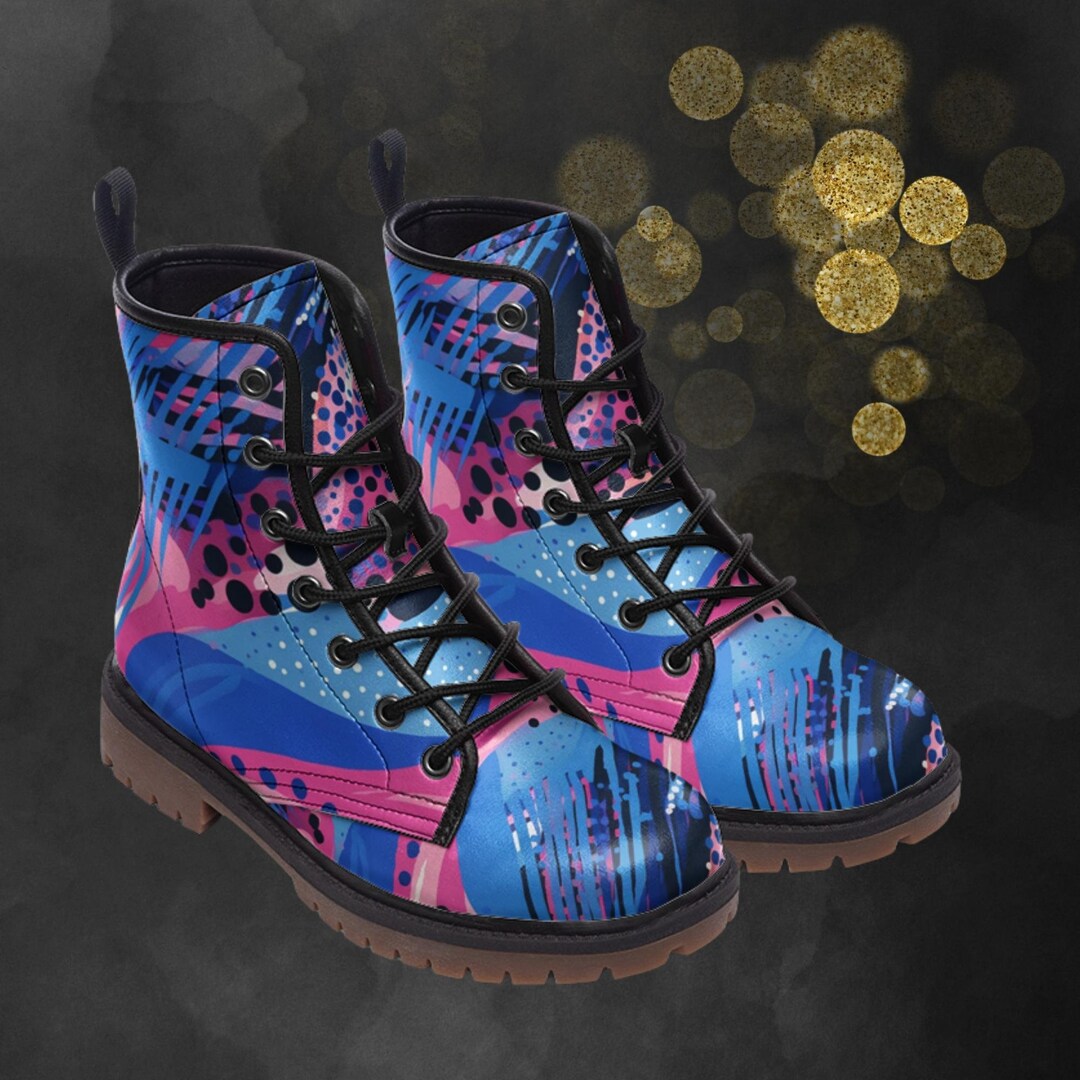 Abstract Art Combat Boots, Casual Unisex Blue Pink Painted Shoes ...