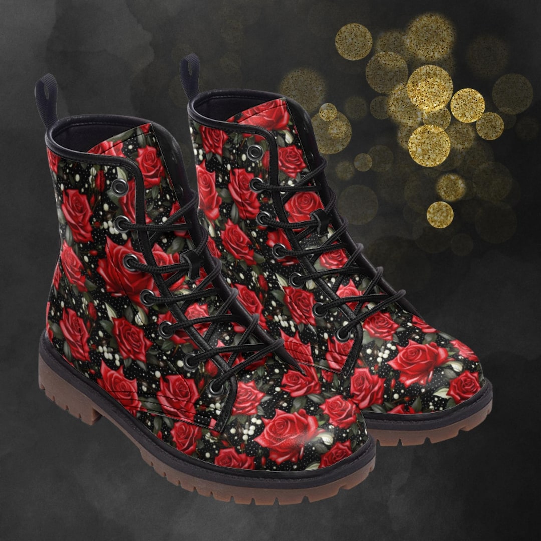 Red Roses Combat Boots, Unisex Floral Gothic Rose Painted Shoes ...