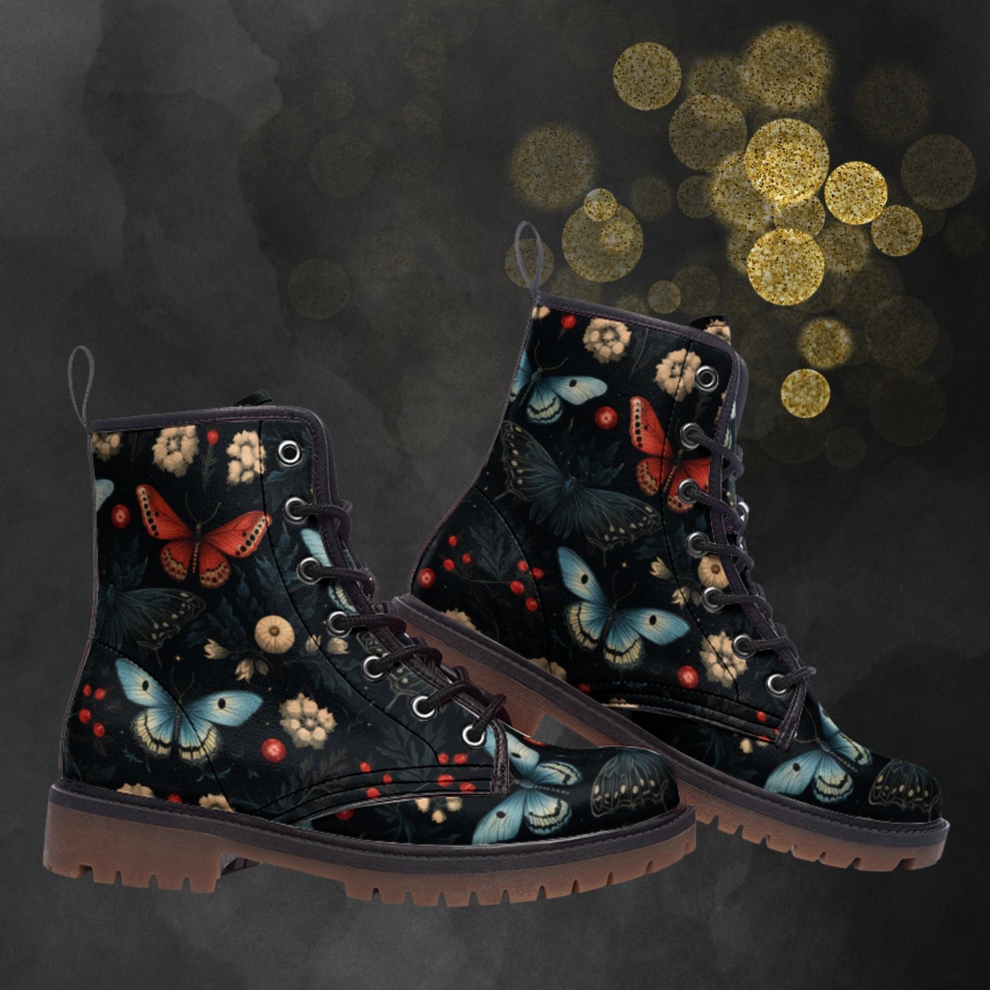 Gothic Moths Dark Academia Combat Boots, Casual Unisex Moth Painted ...