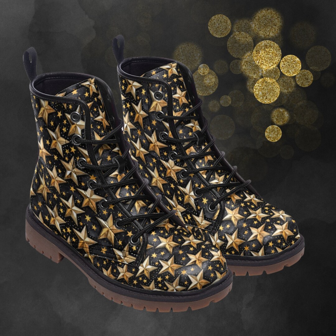 Gold Star Studs Casual Leather Lightweight Boots, Black and Gold Boots ...