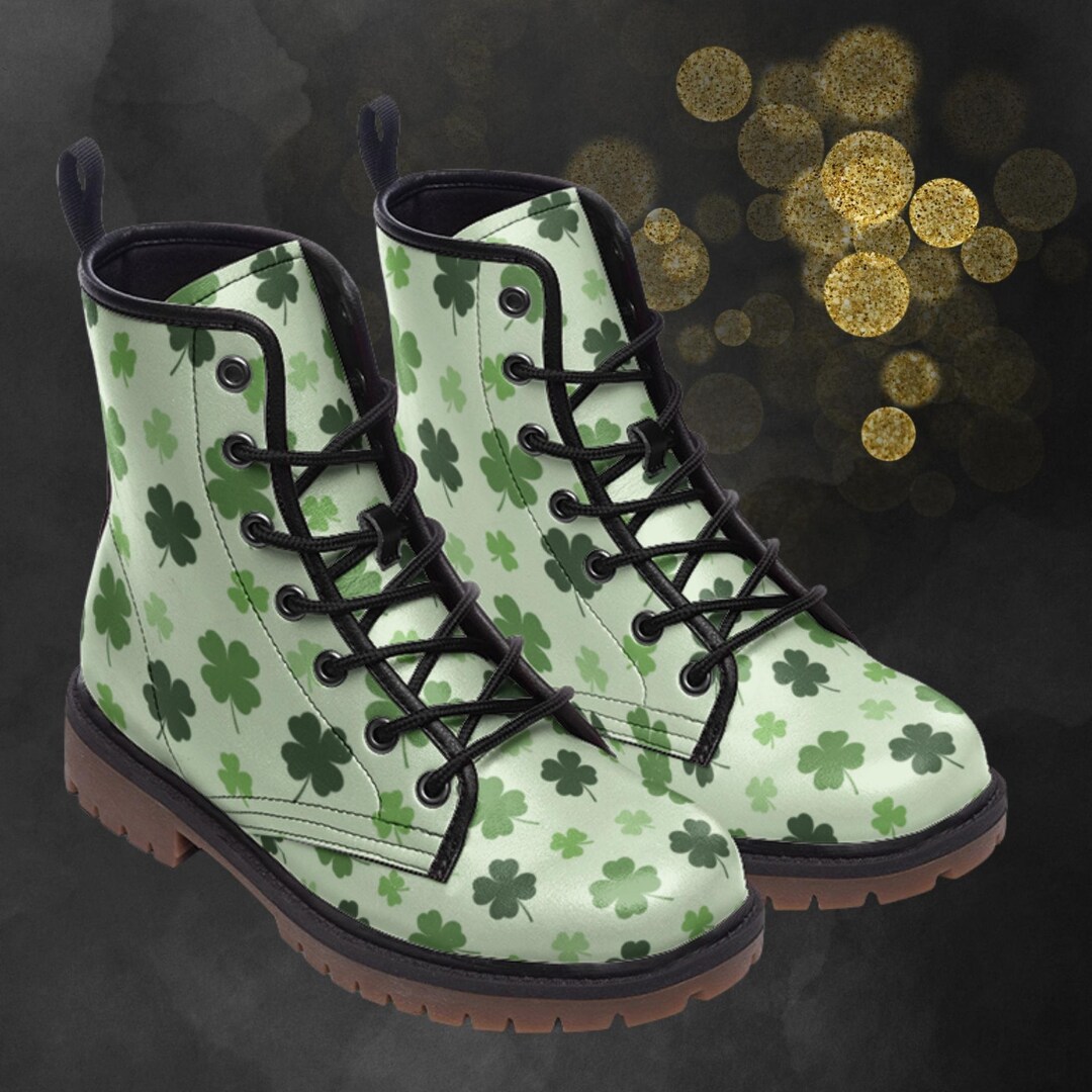 St. Patricks Day Cloverleaf Combat Boots, Unisex Shamrock Painted Shoes ...