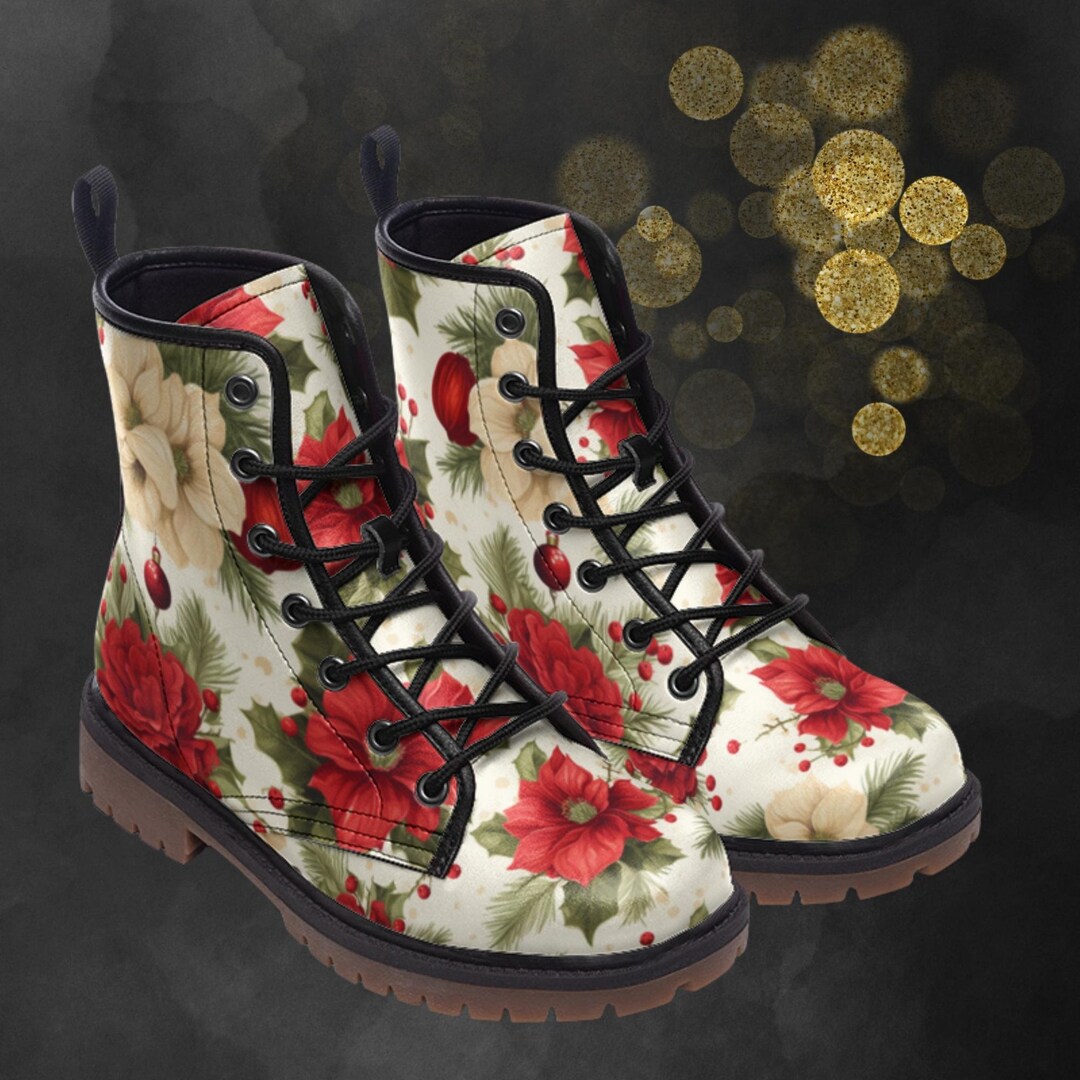 Christmas Flower Leather Boots: Floral Xmas Winter Light Boots, Red ...