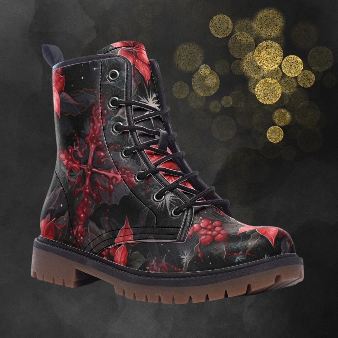 Gothic Dark Christmas Combat Boots, Xmas Unisex Floral Cross Painted ...