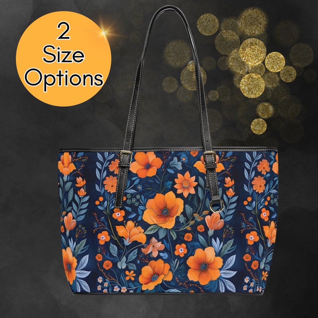 Orange Blue Flower PU Leather Shoulder Bag, Floral Womens Handbag ...