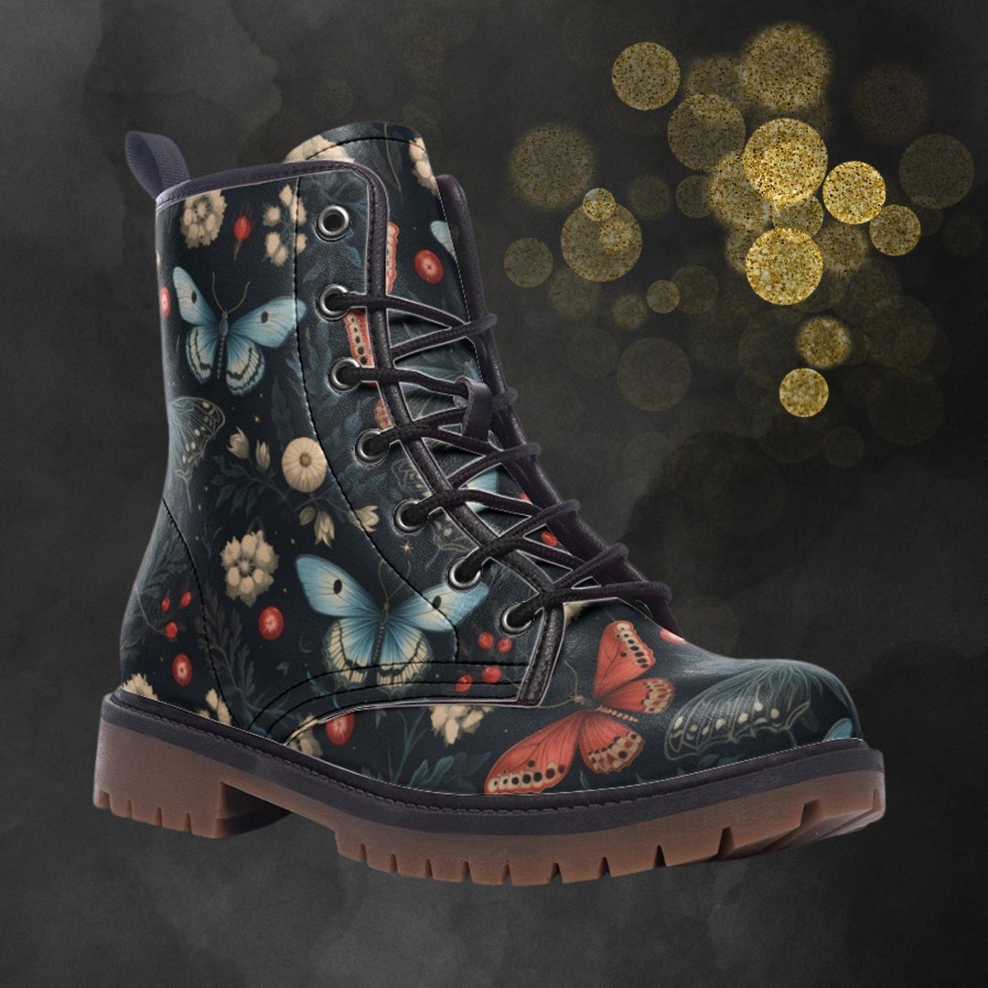 Gothic Moths Dark Academia Combat Boots, Casual Unisex Moth Painted ...