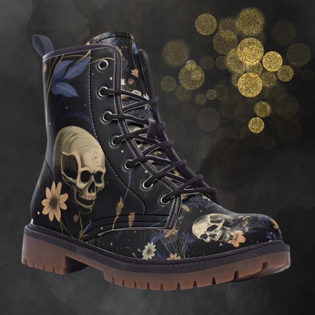 Dark Academia Wildflower & Skull Combat Boots, Unisex Gothic Painted ... Dark Academia Wildflower & Skull Combat Boots, Unisex Gothic Painted ...