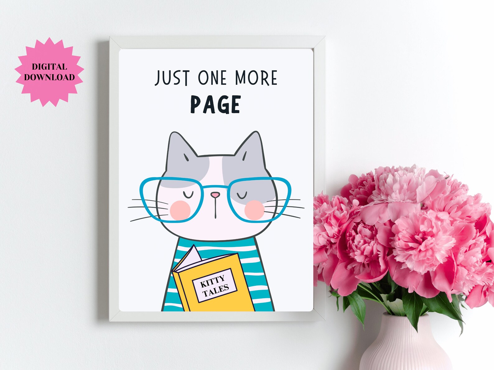 CUTE CAT With Glasses Reading Book Printable Bookworm Kitty Poster ...