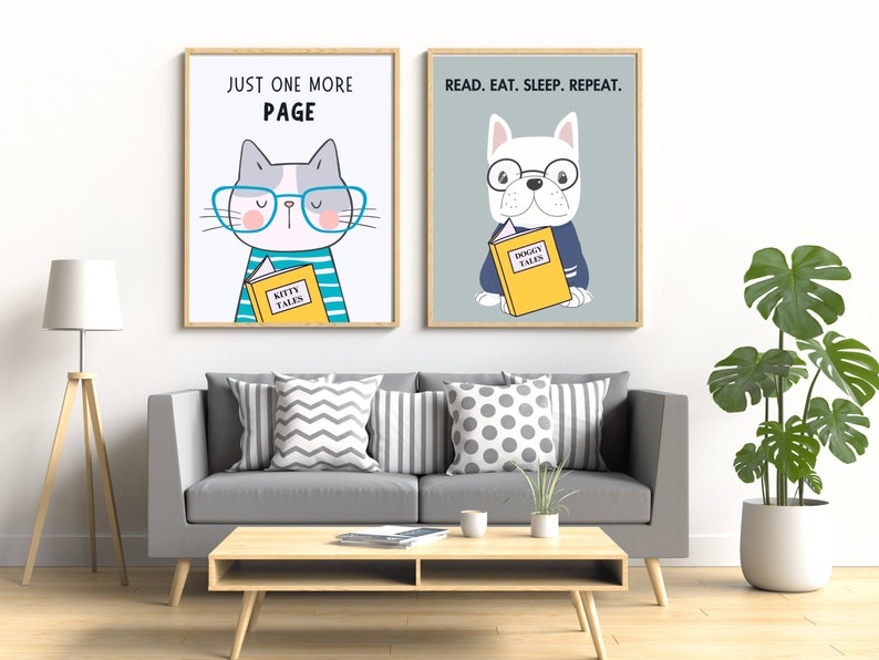CUTE CAT With Glasses Reading Book Printable Bookworm Kitty Poster ...