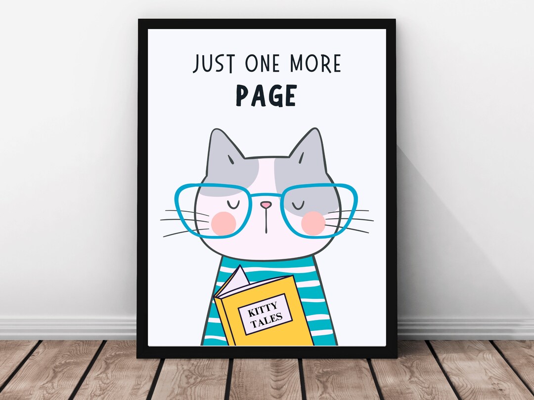 CUTE CAT With Glasses Reading Book Printable Bookworm Kitty Poster ...