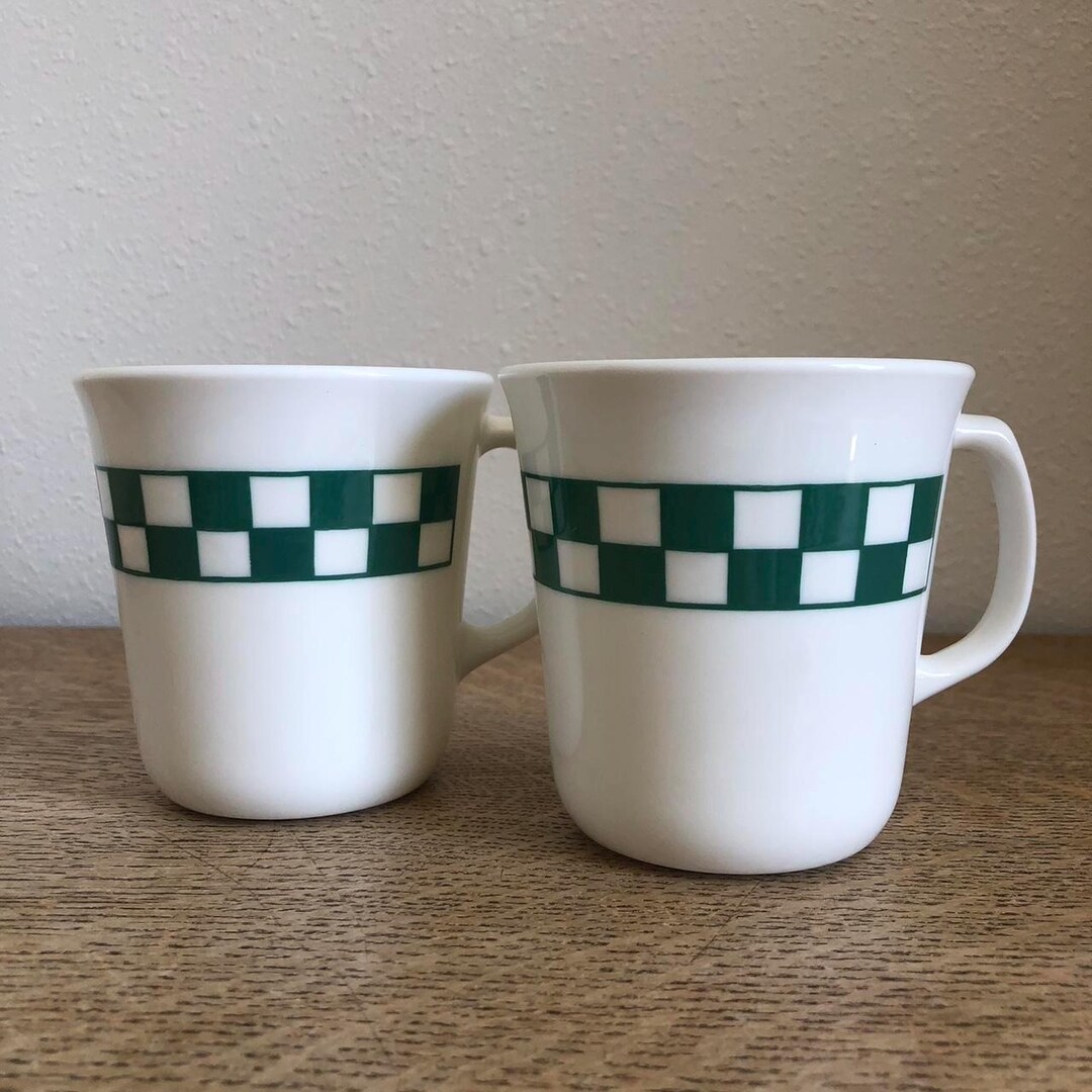 Vintage Corning Green Checkered Mugs, Set of 2, Country Kitchen Coffee ...