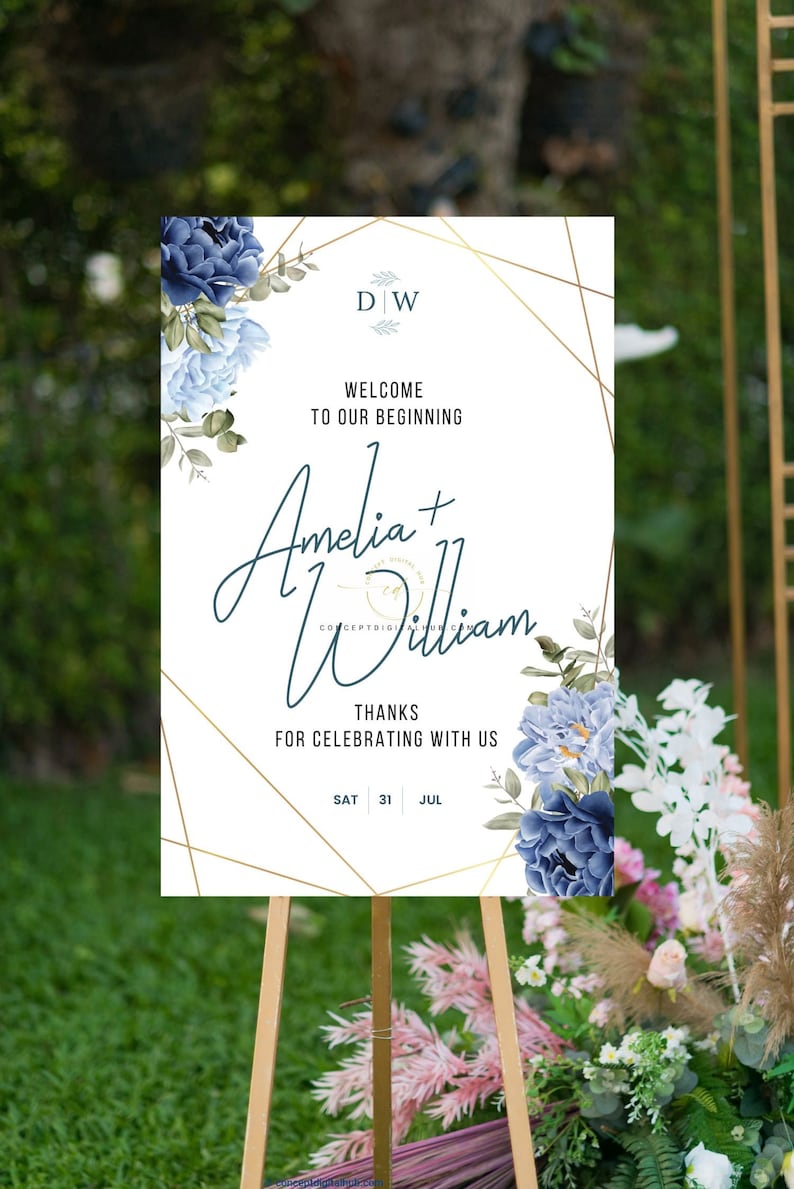 Elegant Blue Wedding Welcome Sign Board - Etsy