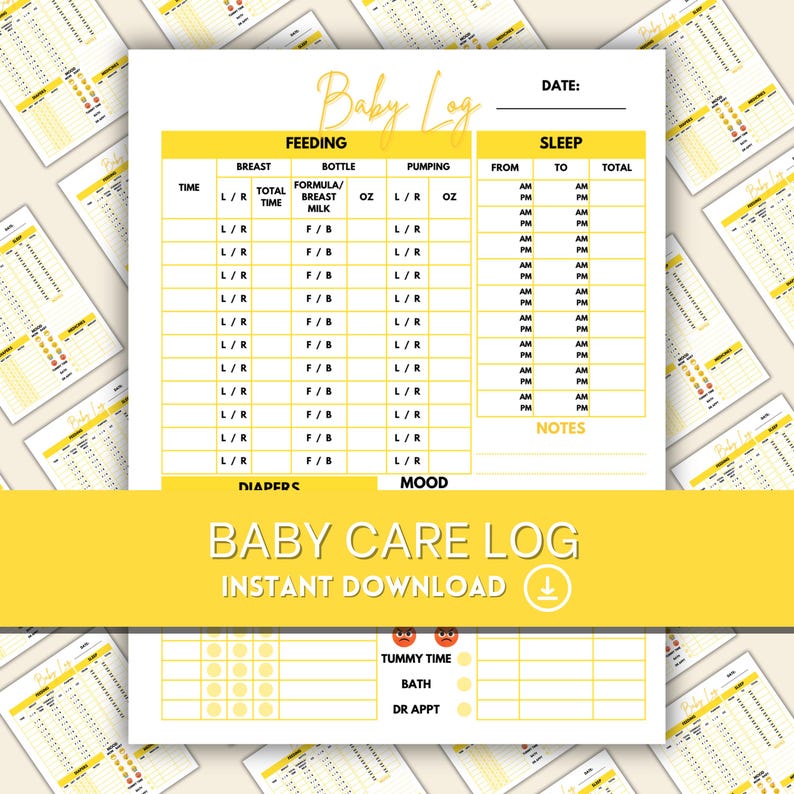Comprehensive Baby Care Log Printable - Yellow | Newborn Care Log ...