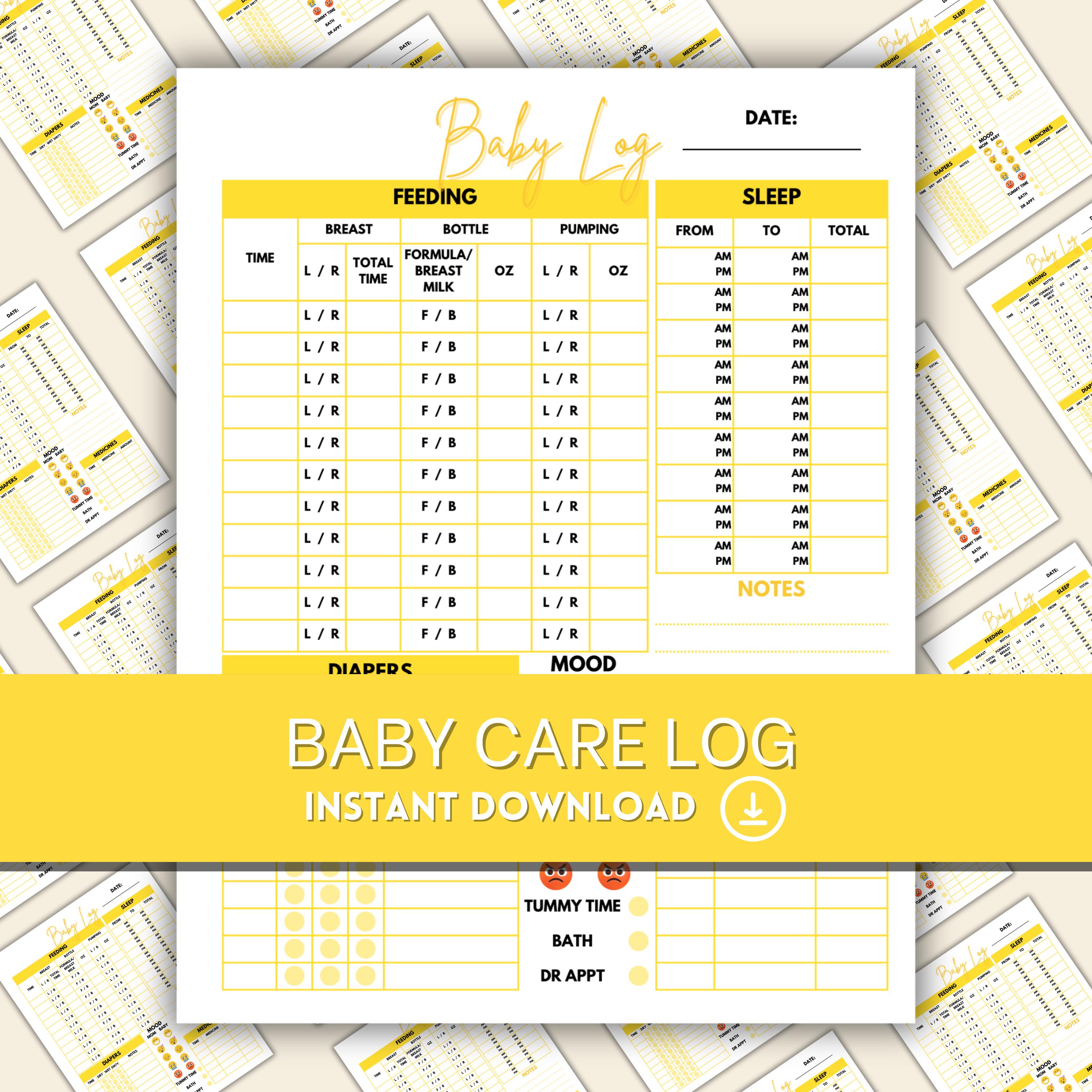 Comprehensive Baby Care Log Printable - Yellow | Newborn Care Log ...