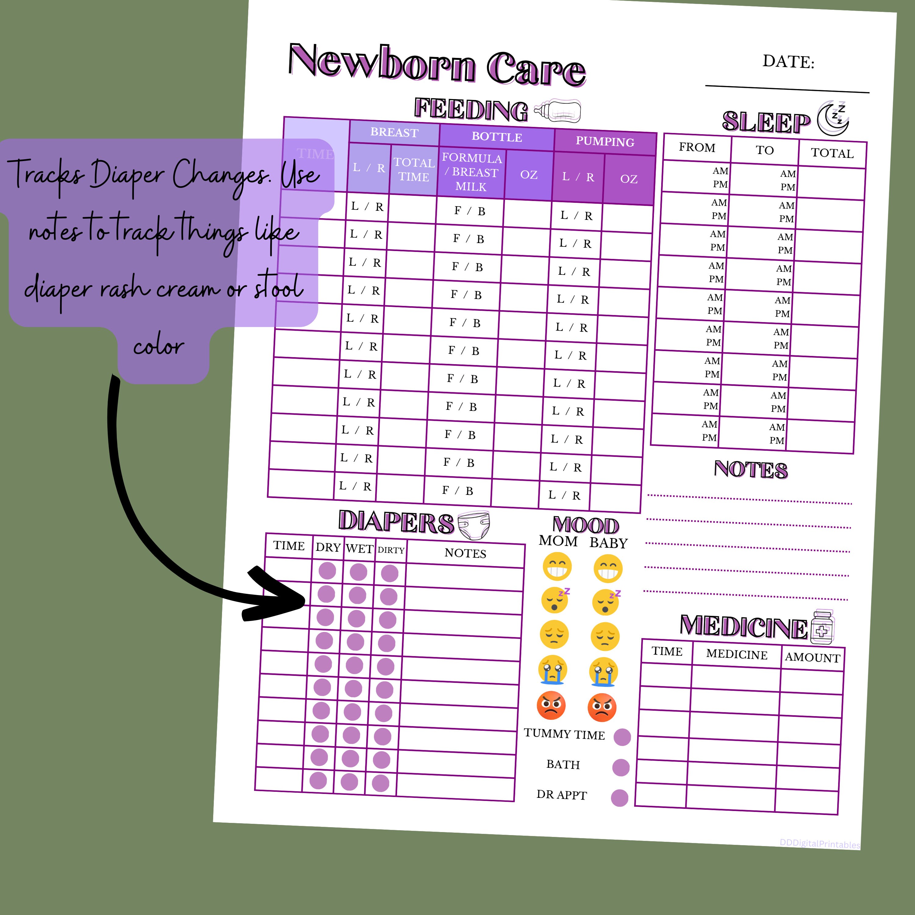 Newborn Care Log Printable | Feeding | Diaper Log | Pumping Log | Sleep ...