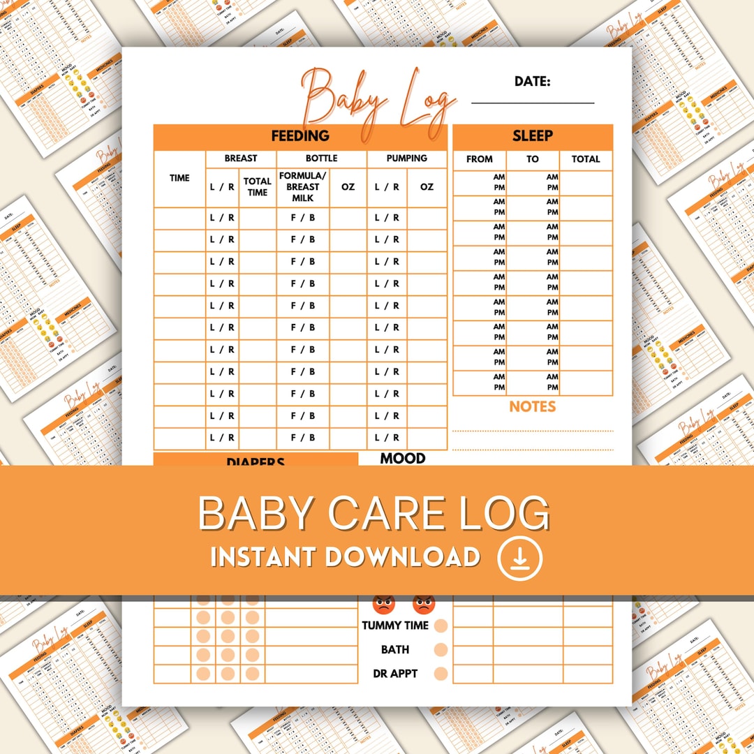 Comprehensive Baby Care Log Printable - Orange | Newborn Care Log ...