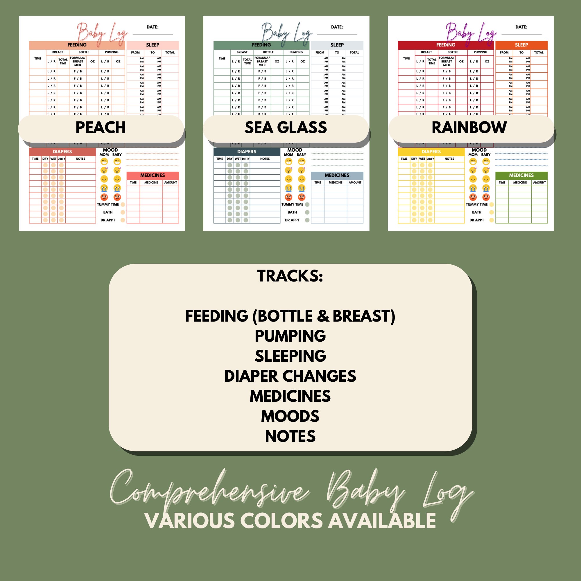 Baby Log Printable Sea Glass Newborn Log Baby Care Log - Etsy