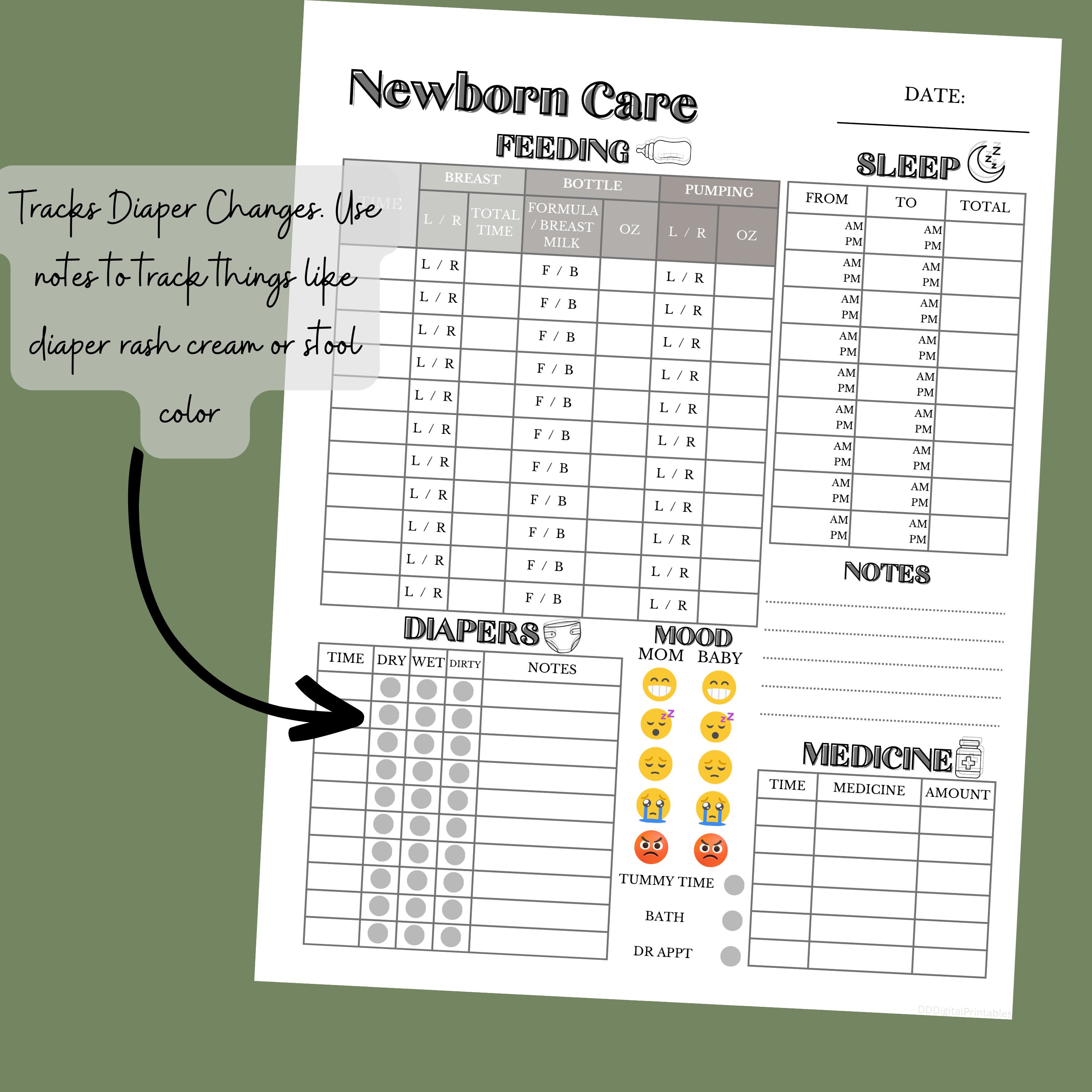 Newborn Care Log Printable | Gray | Breastfeeding Tracker | Baby Sleep ...