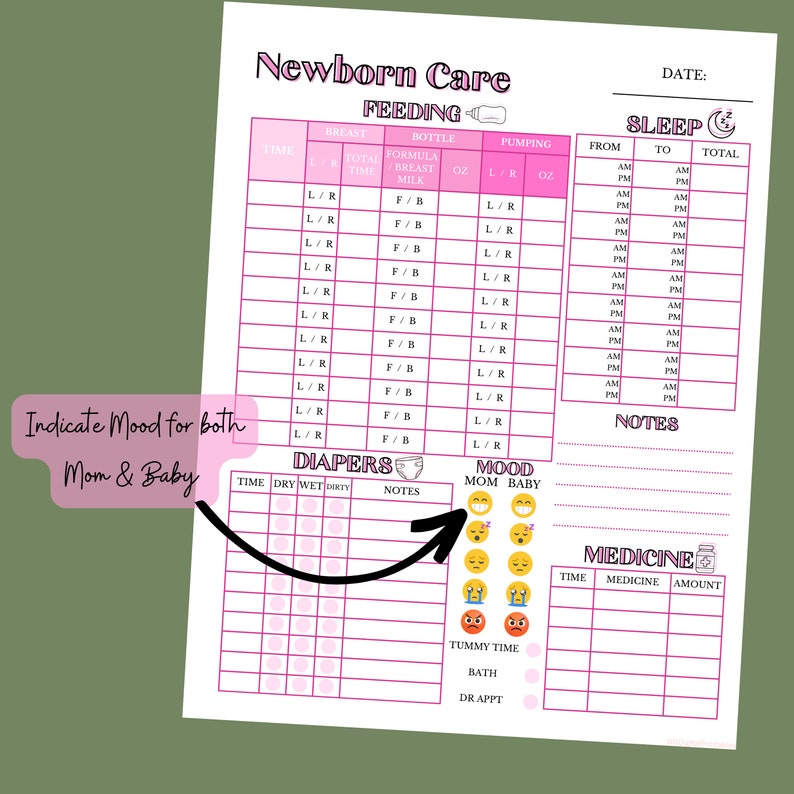 Newborn Care Log Printable | Pink | Breastfeeding Tracker | Diaper Log ...