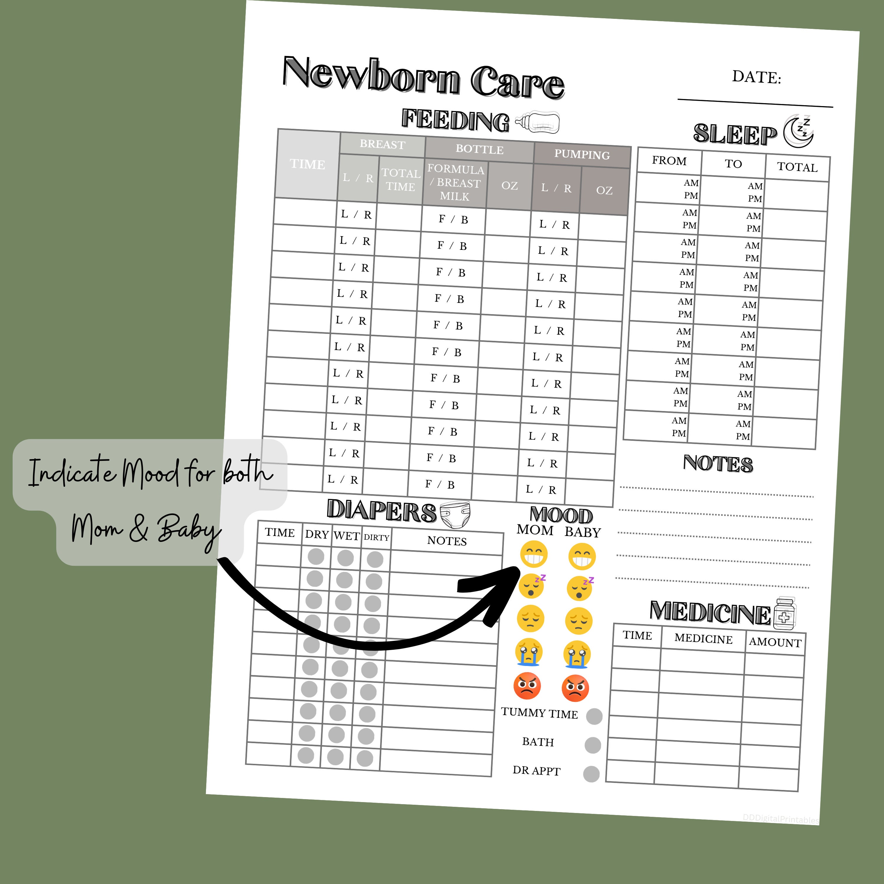 Newborn Care Log Printable | Gray | Breastfeeding Tracker | Baby Sleep ...