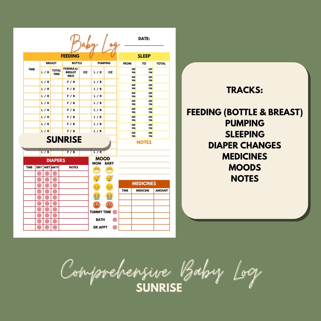 Baby Log Printable Sunrise Newborn Log Baby Care Log - Etsy